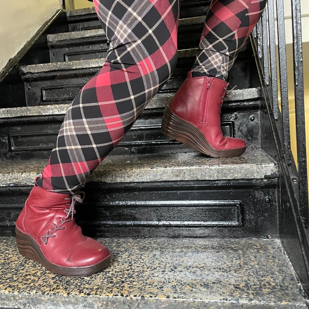 Bionica Red Leather Corset-Laced Wedge Booties - Gem